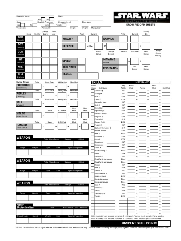Star Wars D20 - Droids Sheet PDF | PDF | Role Playing Games | Leisure