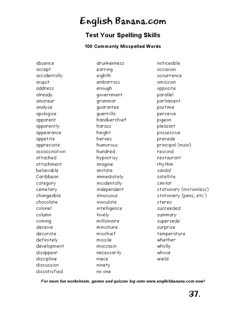100 Commonly Misspelled Words PDF | PDF