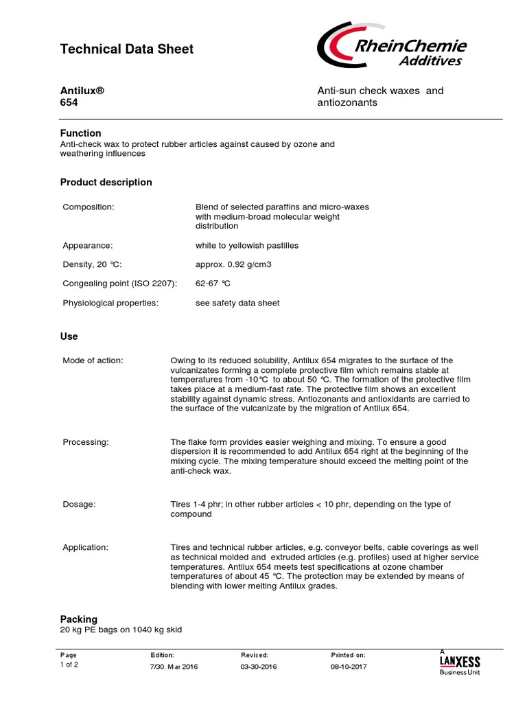 TDS Antilux 654 | PDF | Wax | Natural Rubber