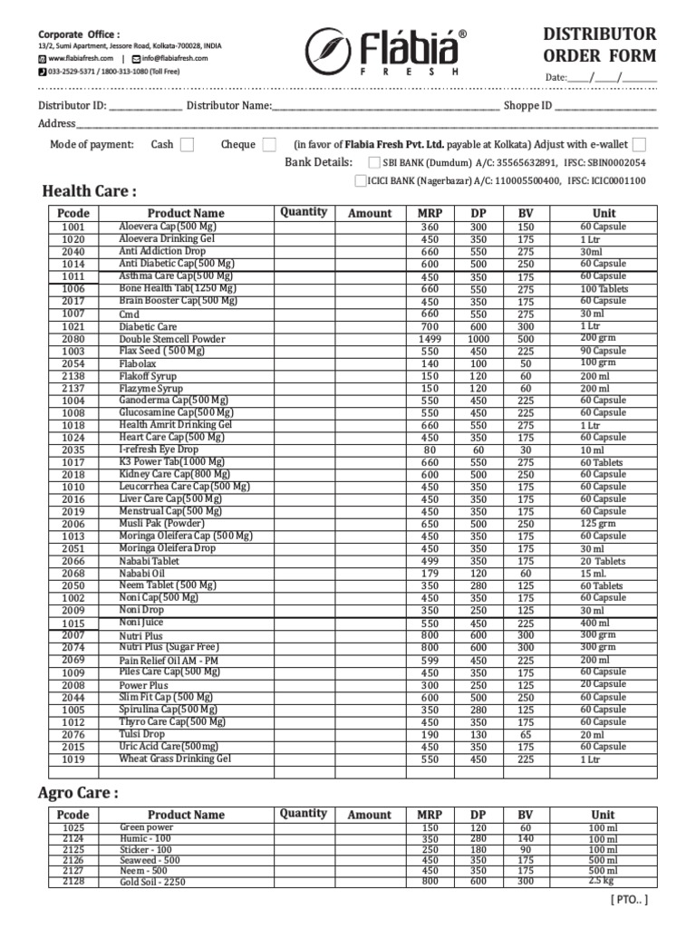 Health Care:: Distributor Order Form | Download Free PDF | Shampoo | Nature