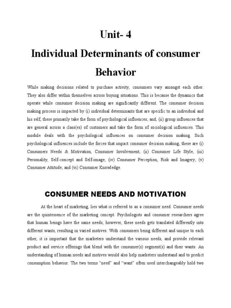 Unit-4 Individual Determinants of Consumer Behavior: Consumer Needs and ...