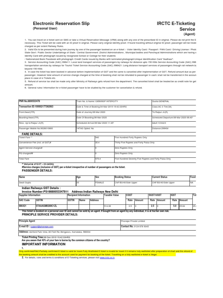 Electronic Reservation Slip IRCTC E-Ticketing Service: (Personal User ...