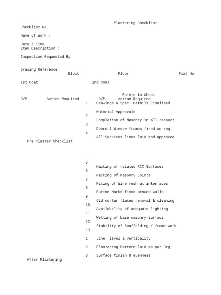 Plastering Checklist | PDF | Masonry | Plaster