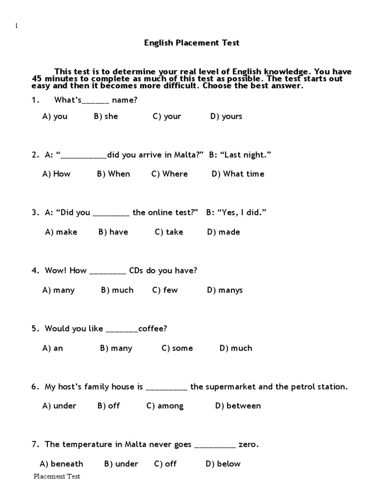 English Placement Test 45' PDF | PDF | Sleep
