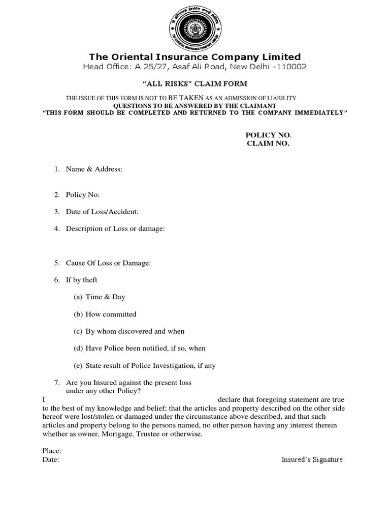 All Risks Claim Form | PDF