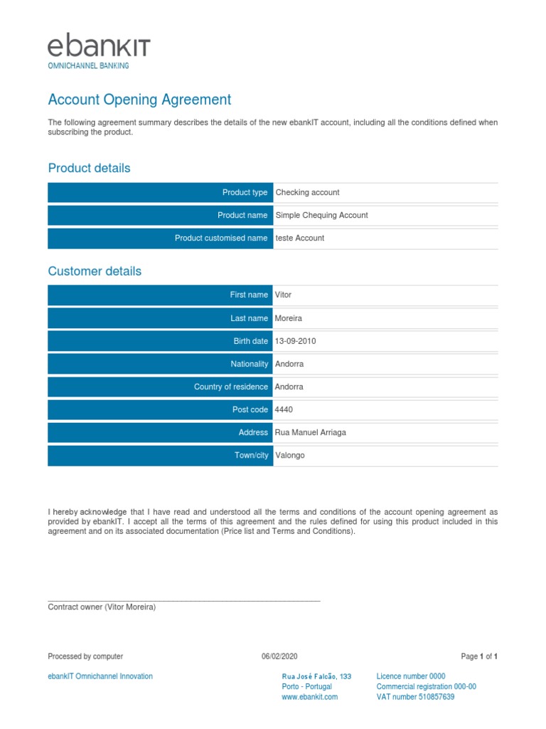 Account Opening Agreement: Product Details | PDF