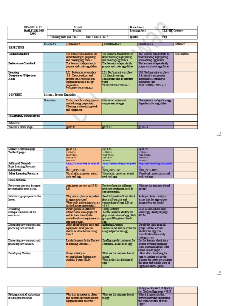 DLL TLE Cookery Grade10 Quarter1 Week1 (Palawan Division) | PDF | Egg ...