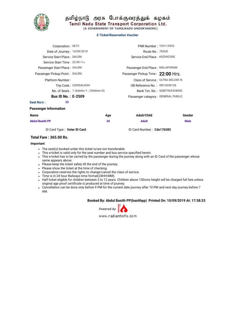 Bus ID No.: E-2509: Passenger Information | PDF | Ticket (Admission ...