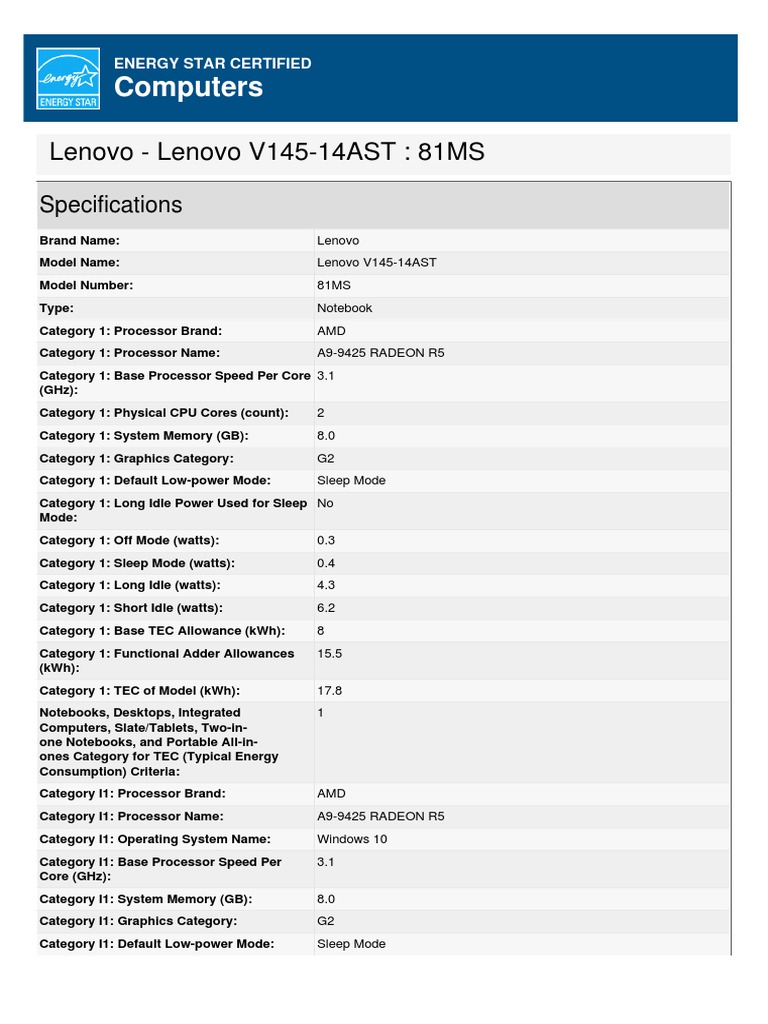 Lenovo V145-14AST Specifications | PDF | Laptop | Advanced Micro Devices