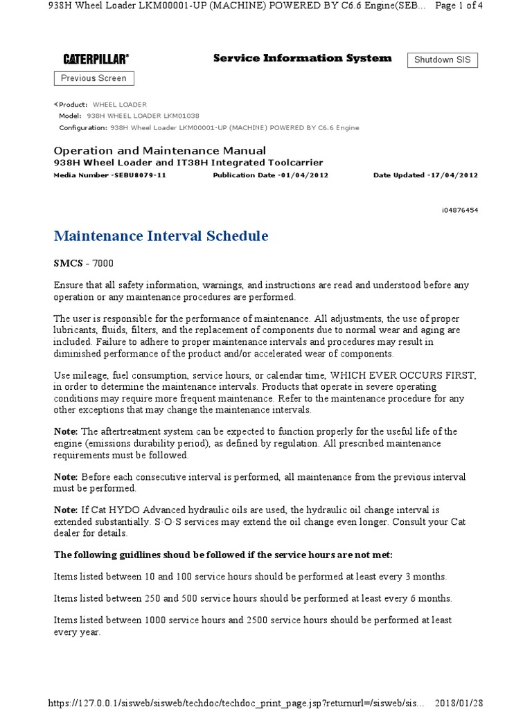 Maintenance Interval Schedule 938H | PDF | Bearing (Mechanical) | Motor Oil