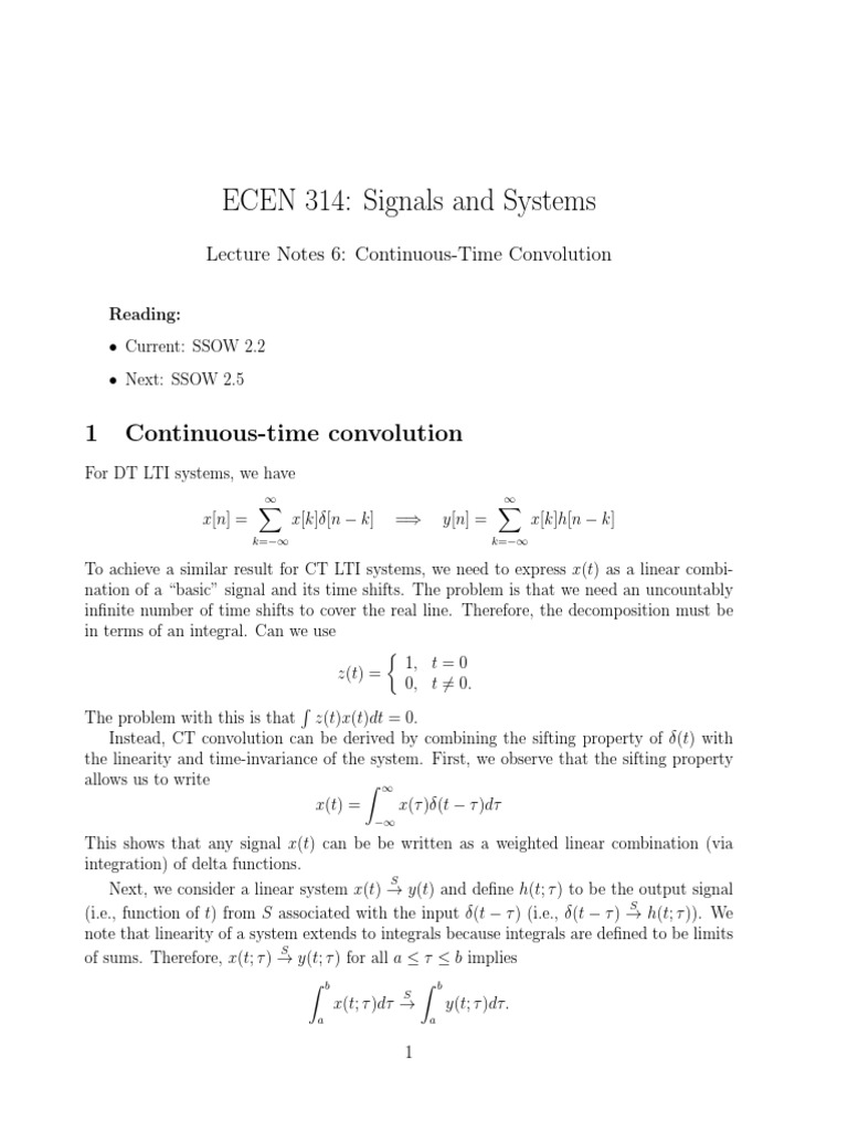 ECEN 314: Signals and Systems: 1 Continuous-Time Convolution | PDF ...
