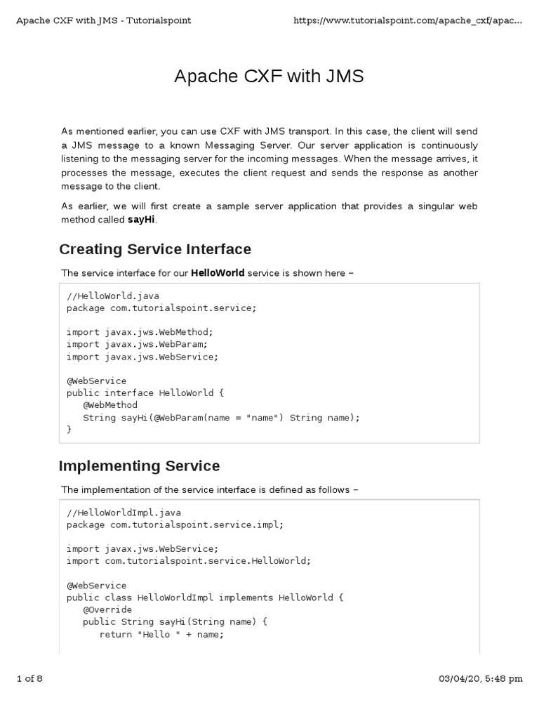 Apache CXF With JMS: Creating Service Interface | PDF | Server (Computing) | Web Service
