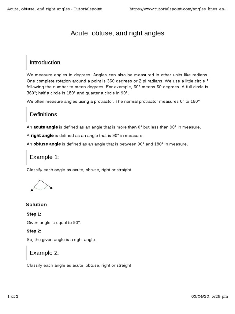 Acute, Obtuse, and Right Angles: Solution | PDF