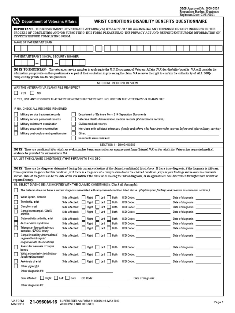 Wrist Conditions Disability Benefits Questionnaire | PDF | Anatomical ...