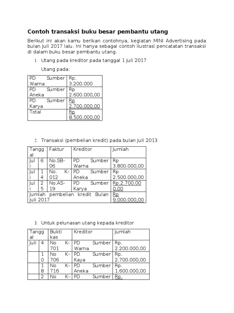 Contoh Transaksi Buku Besar Pembantu Utang | PDF