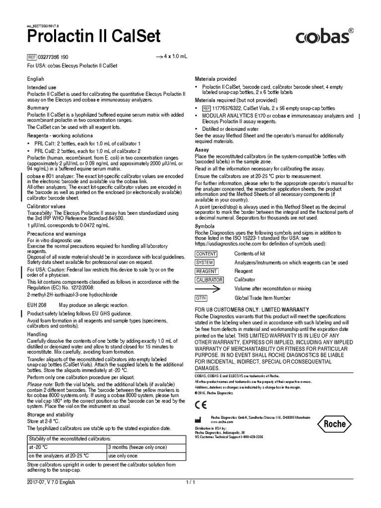 Prolactin Ii Calset: Please Note: Both The Vial Labels, and The ...