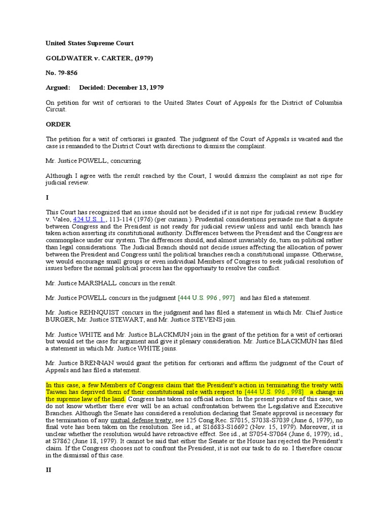 GOLDWATER v. CARTER, (1979) | PDF | Ratification | United States Congress