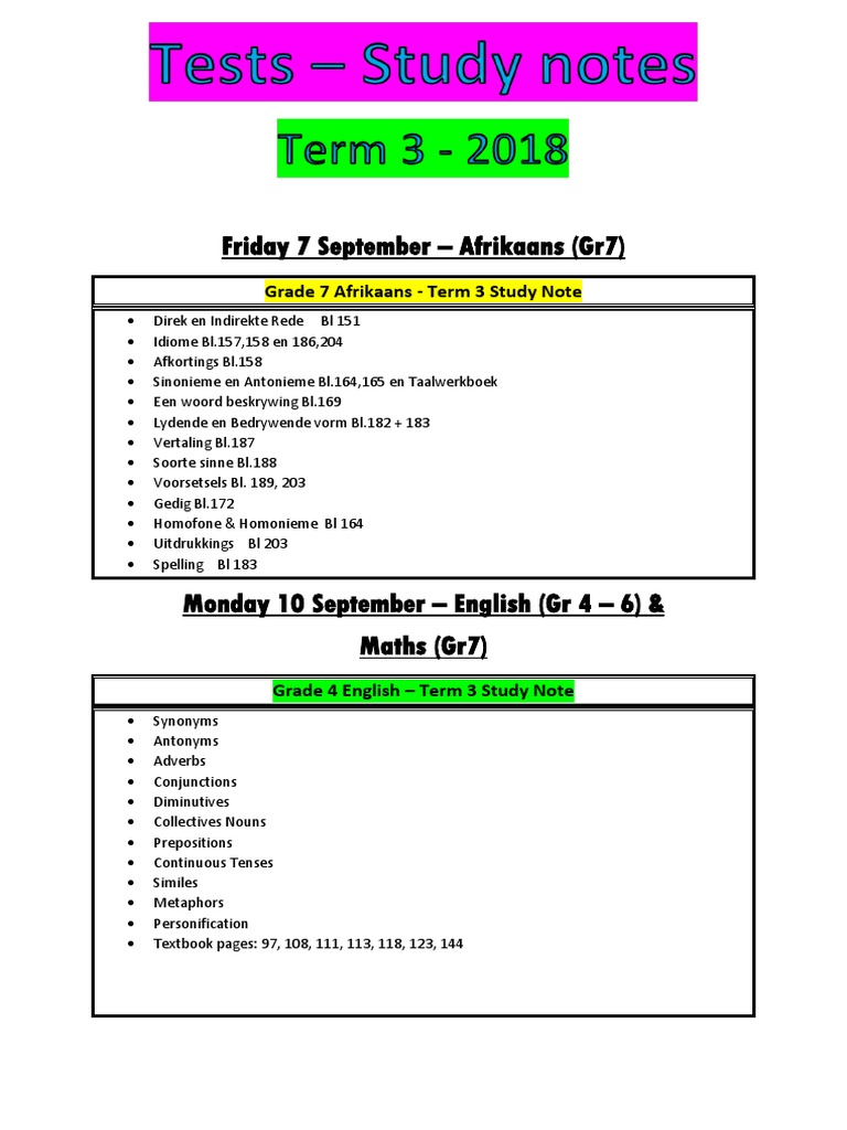 Friday 7 September - Afrikaans (Gr7) : Grade 7 Afrikaans - Term 3 Study ...