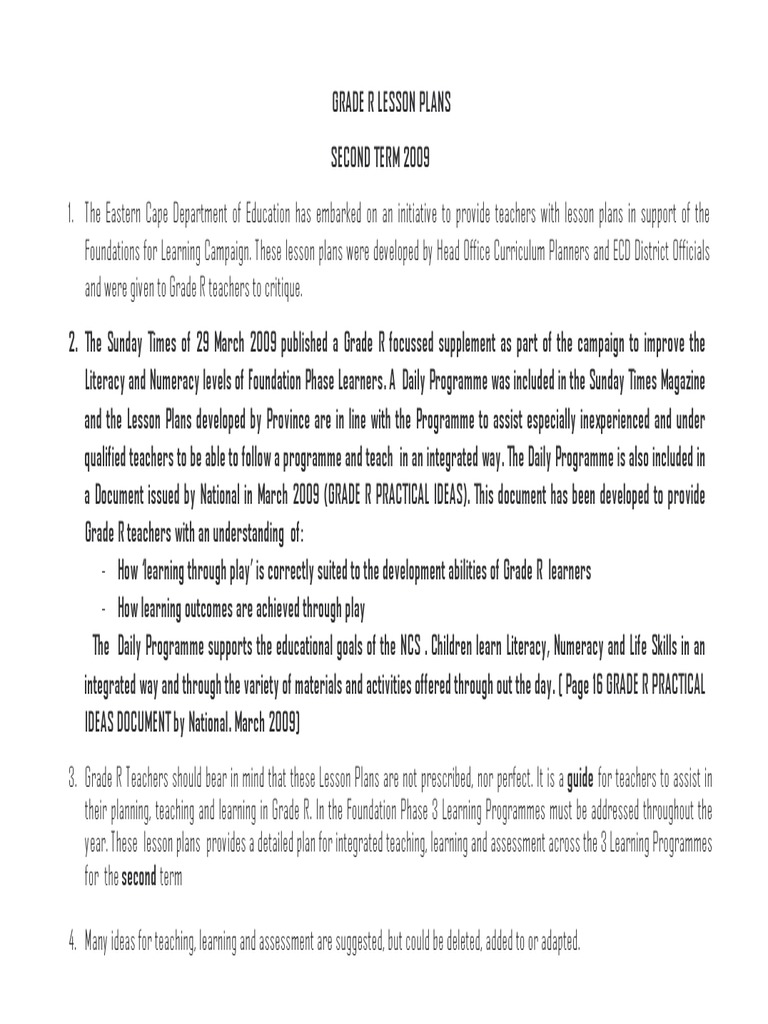 2009 T2 Grade R Lesson Plans | PDF