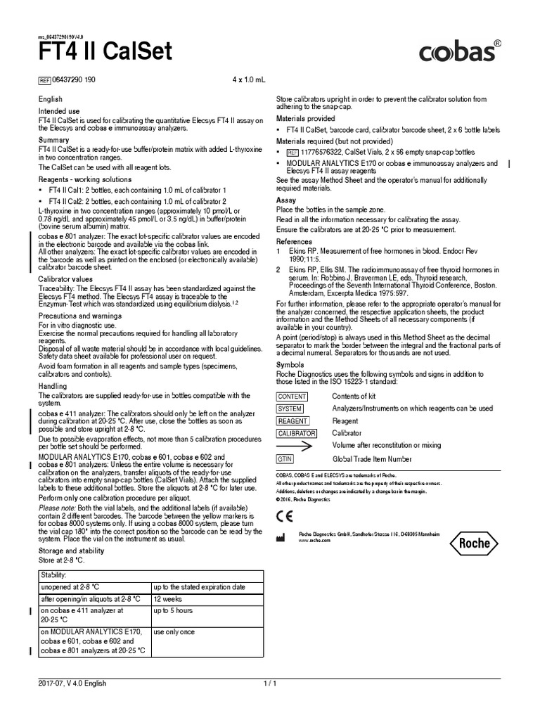 Ft4 Ii Calset: Please Note: Both The Vial Labels, and The Additional ...