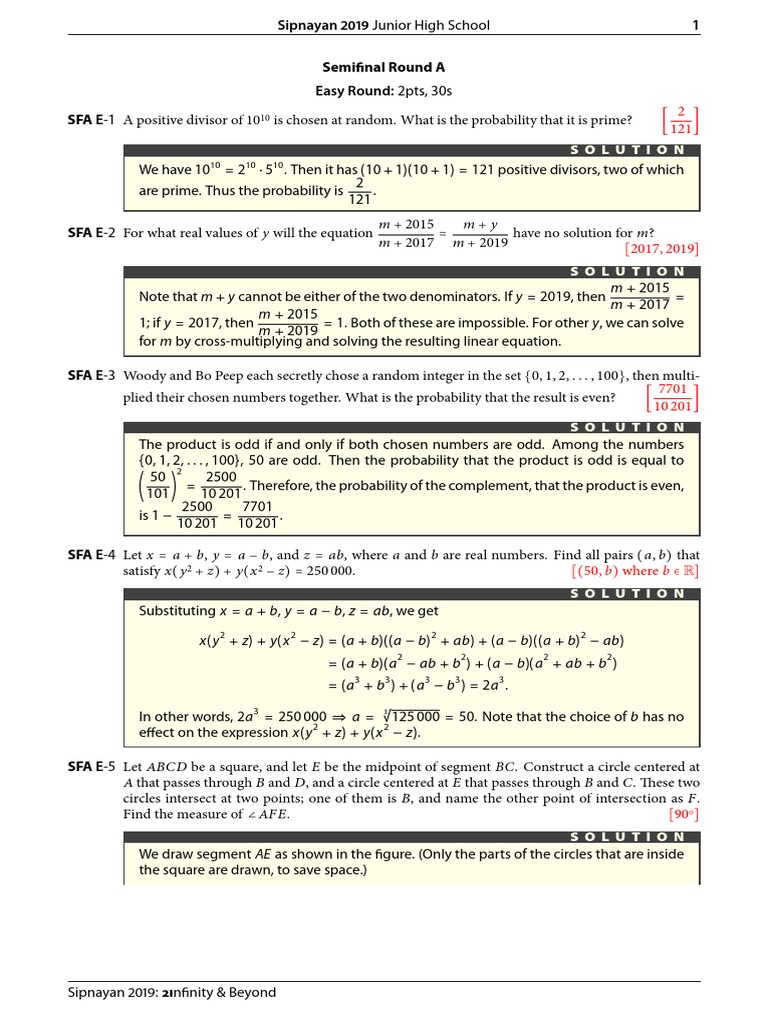 Sipnayan 2019 JHS Sol | PDF | Square Root | Trigonometric Functions