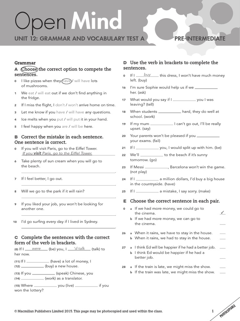 Open Mind Pre-Intermediate Unit 12 Grammar and Vocabulary Test A PDF | PDF