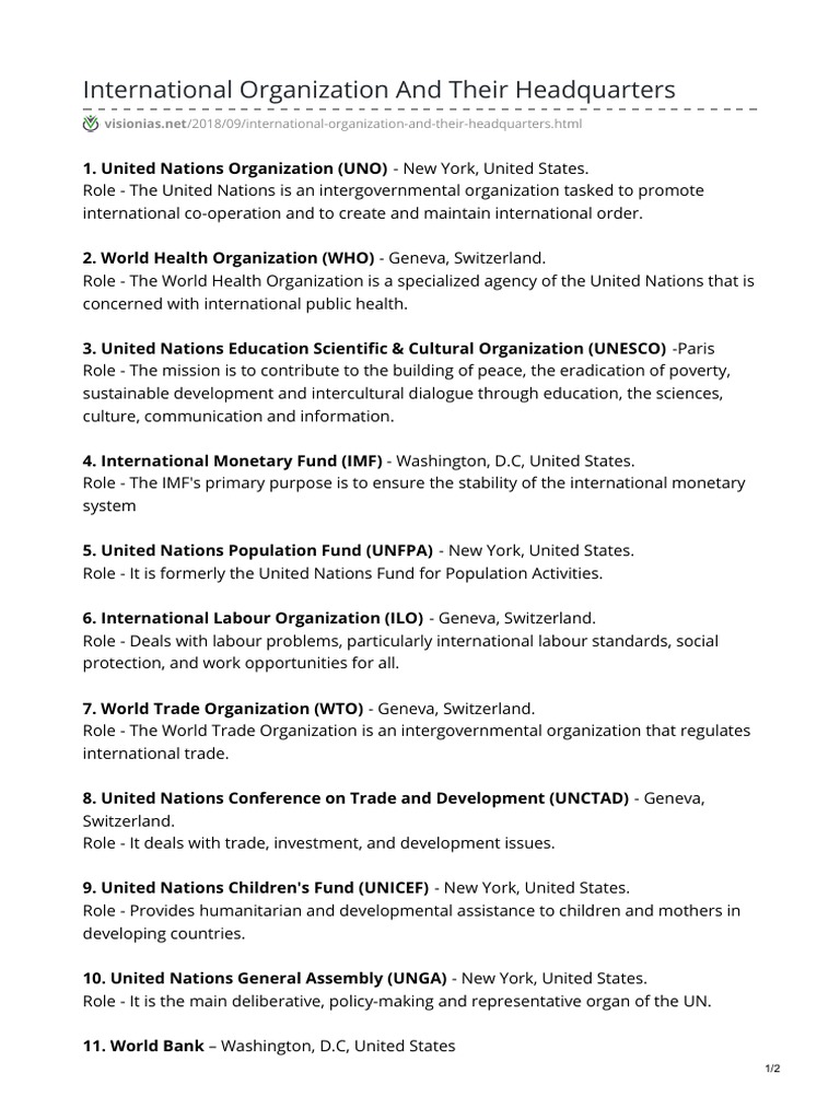 International Organization and Their Headquarters | PDF | World ...