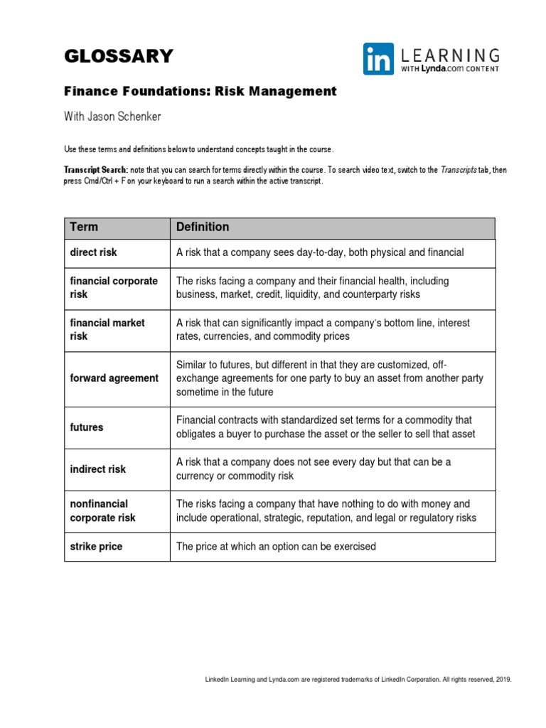 Risk Management Glossary for Finance | PDF