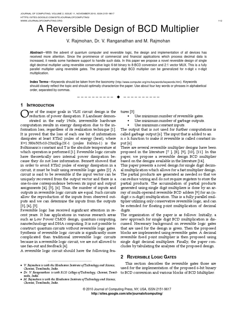 A Reversible Design of BCD Multiplier | PDF | Logic Gate | Binary Coded Decimal