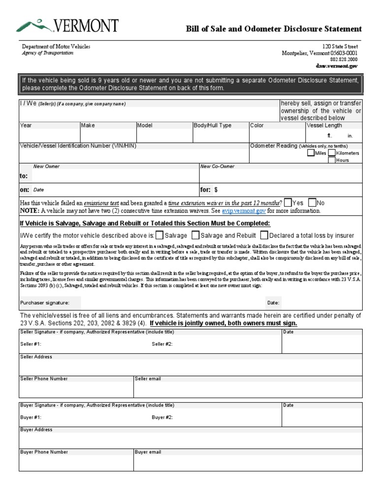 Bill of Sale and Odometer Disclosure Statement | PDF | Lease | Private Law
