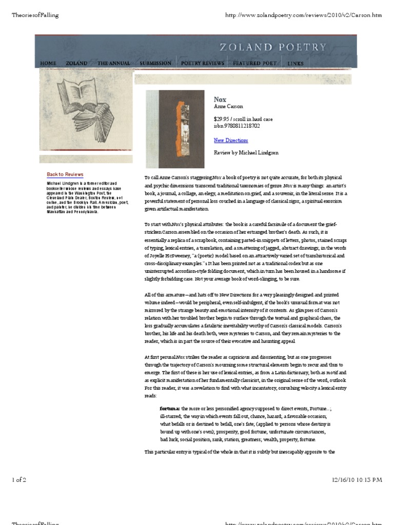 Goodbye To All That: Anne Carson's "Nox" | PDF | Poetry | Books