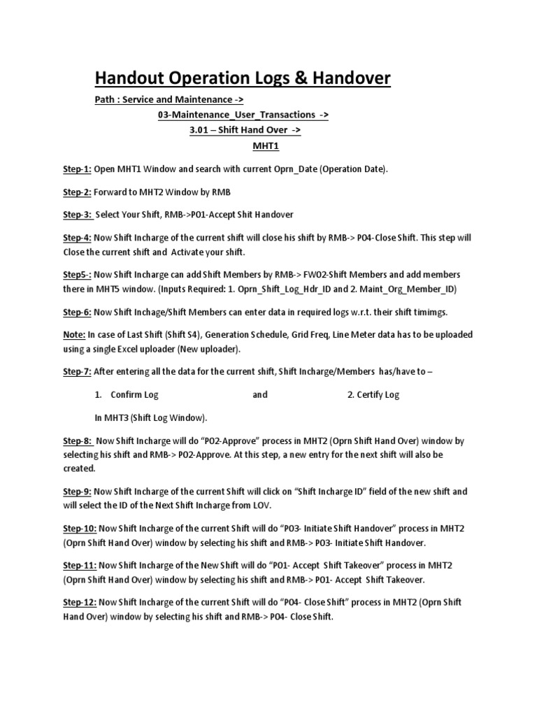 Handout Operation Logs & Handover | PDF