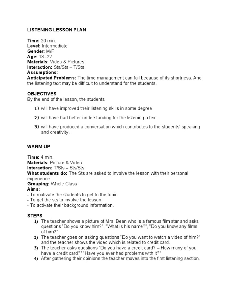 Listening Lesson Plan | PDF | Lesson Plan | Teachers