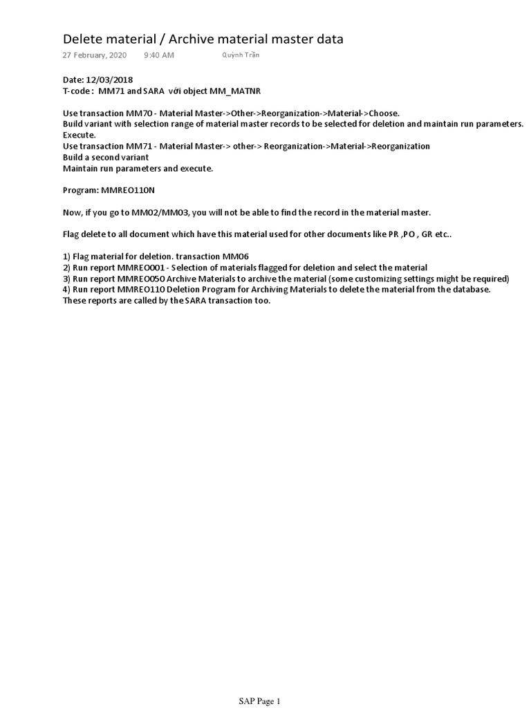 Delete Material Archive Material Master Data | PDF