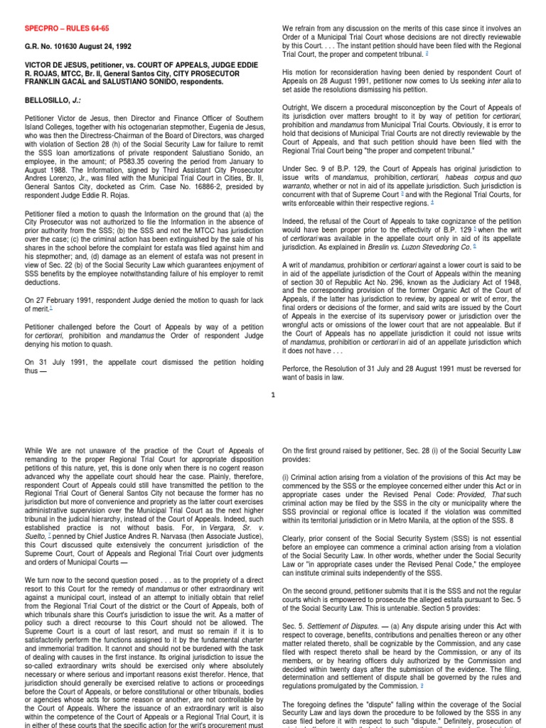 SpecPro - Cases Rule 64 65 | PDF | Certiorari | Mandamus