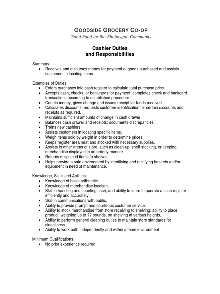 Cashier Duties and Responsibilities: Oodside Rocery O OP | PDF