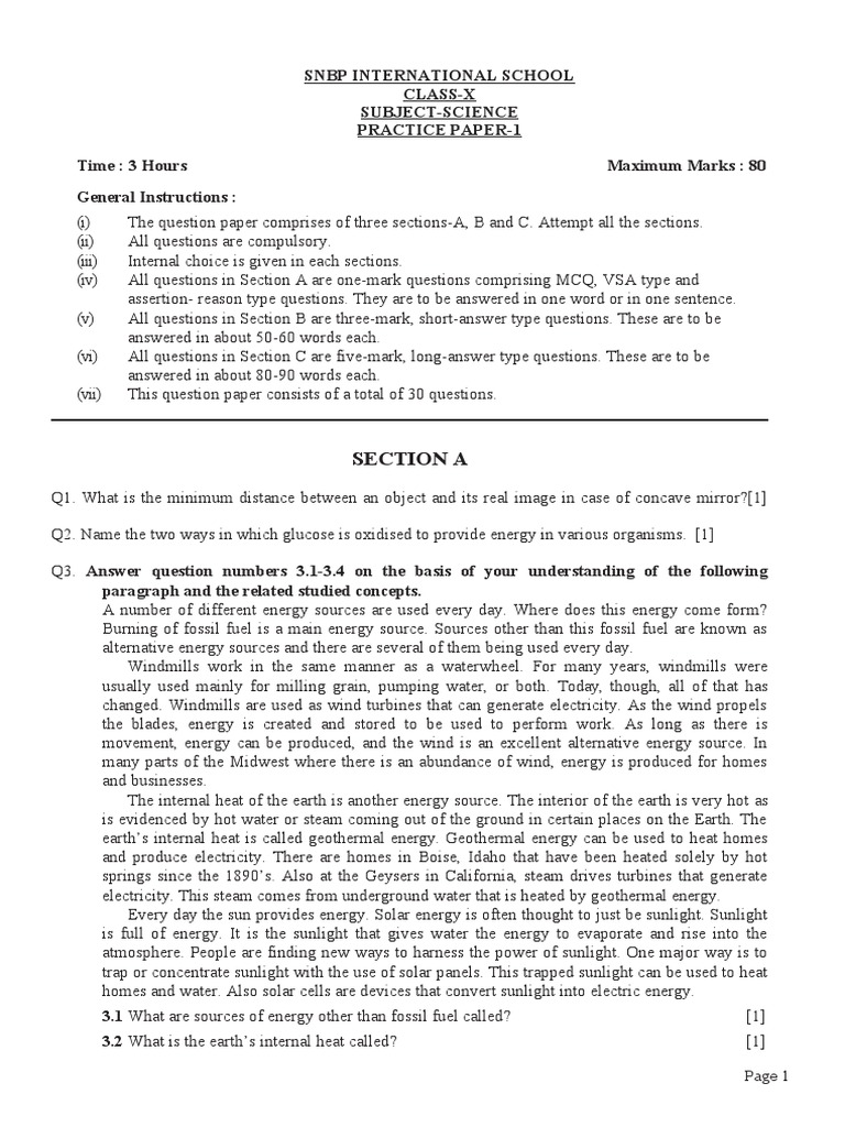 Class 10 Science - Sample - Paper 1 | PDF | Solar Energy | Energy ...