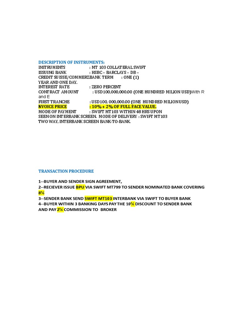 MT 103 SWIFT Transaction Procedure | PDF