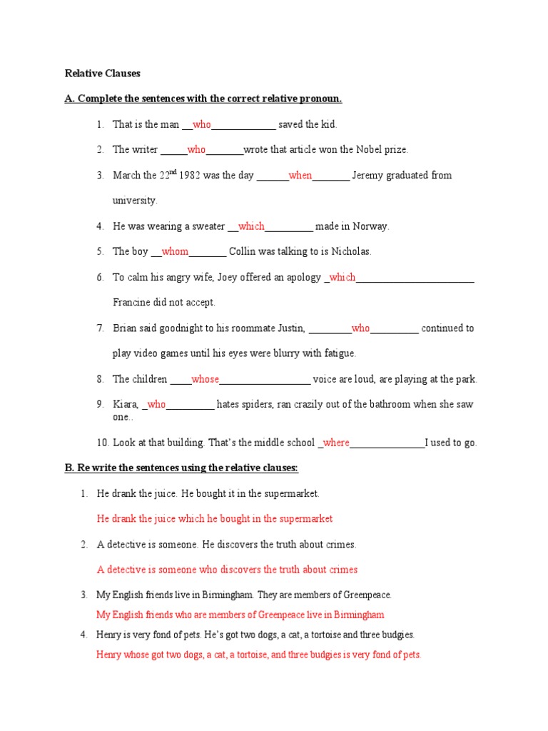Who Who When: Relative Clauses A. Complete The Sentences With The ...