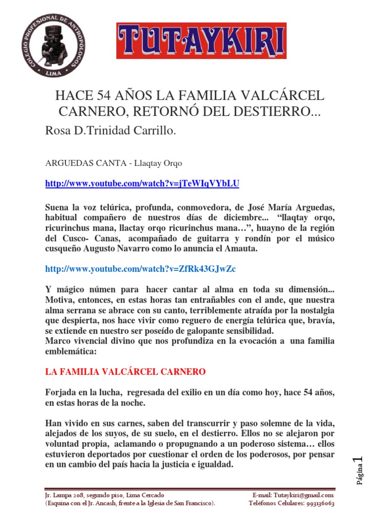 Familia Valcarcel-Carnero Retorna Al Peru | PDF | Perú