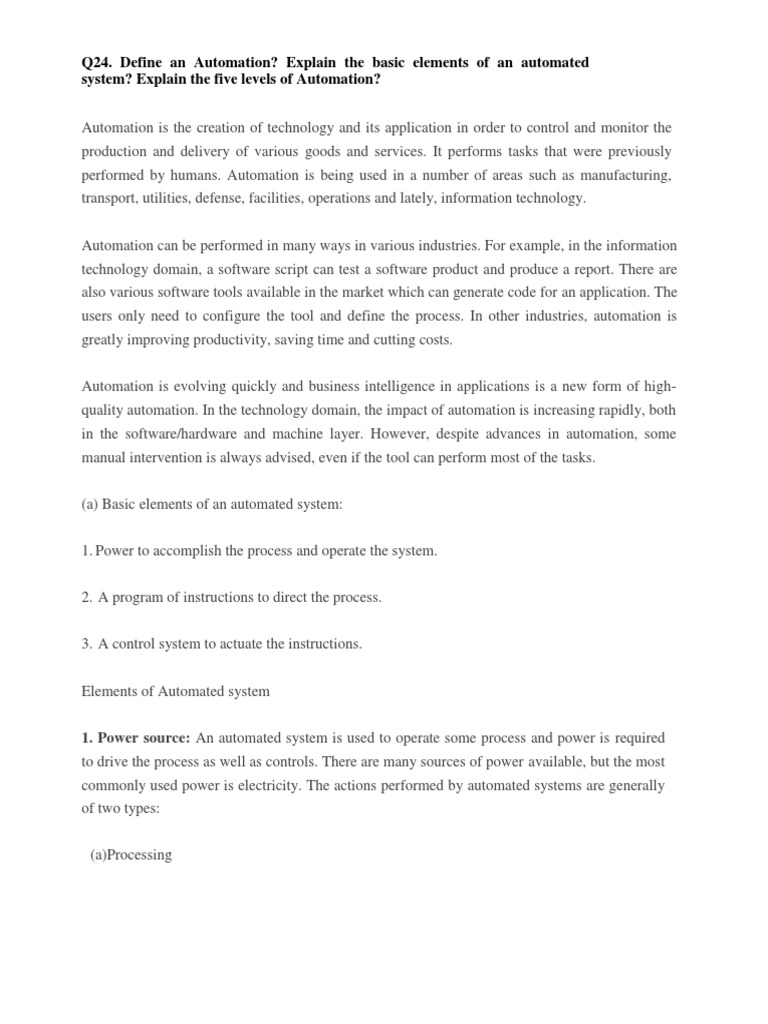 Q24. Define An Automation? Explain The Basic Elements of An Automated ...
