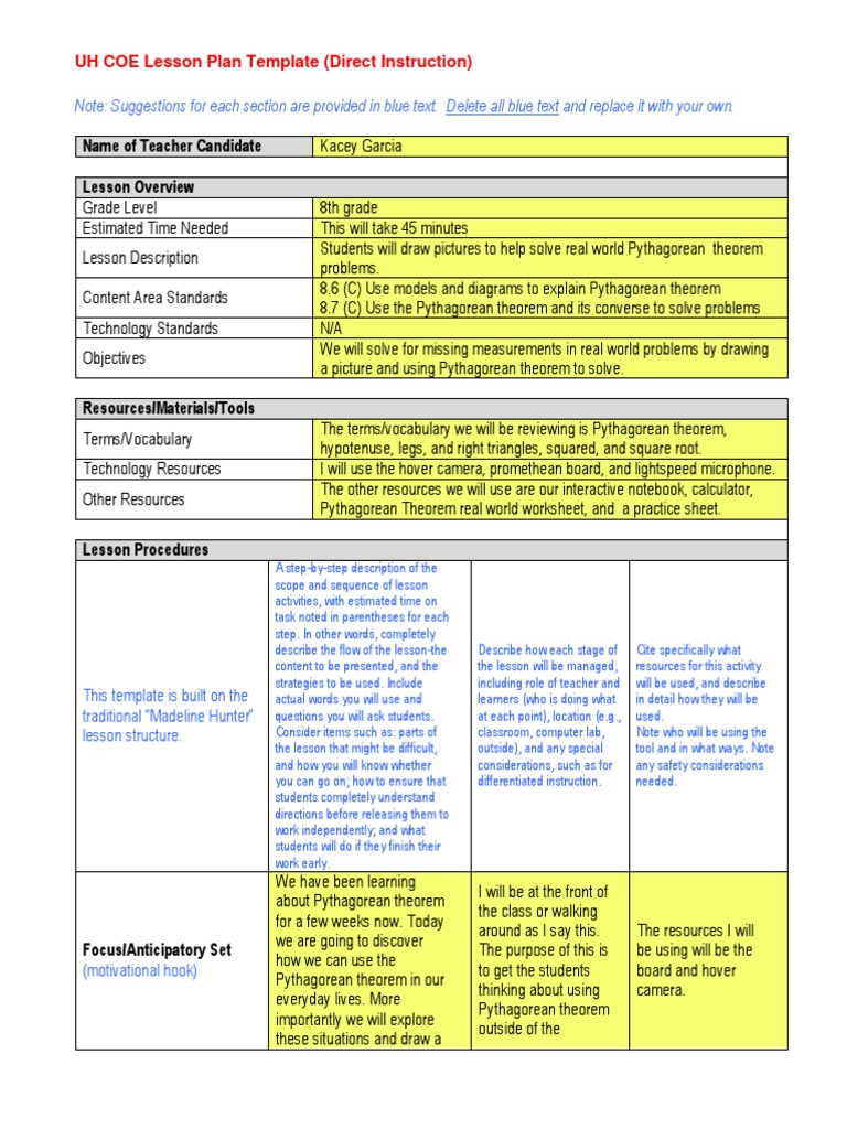 8th Grade Pythagorean Theorem Lesson Plan | PDF | Differentiated ...