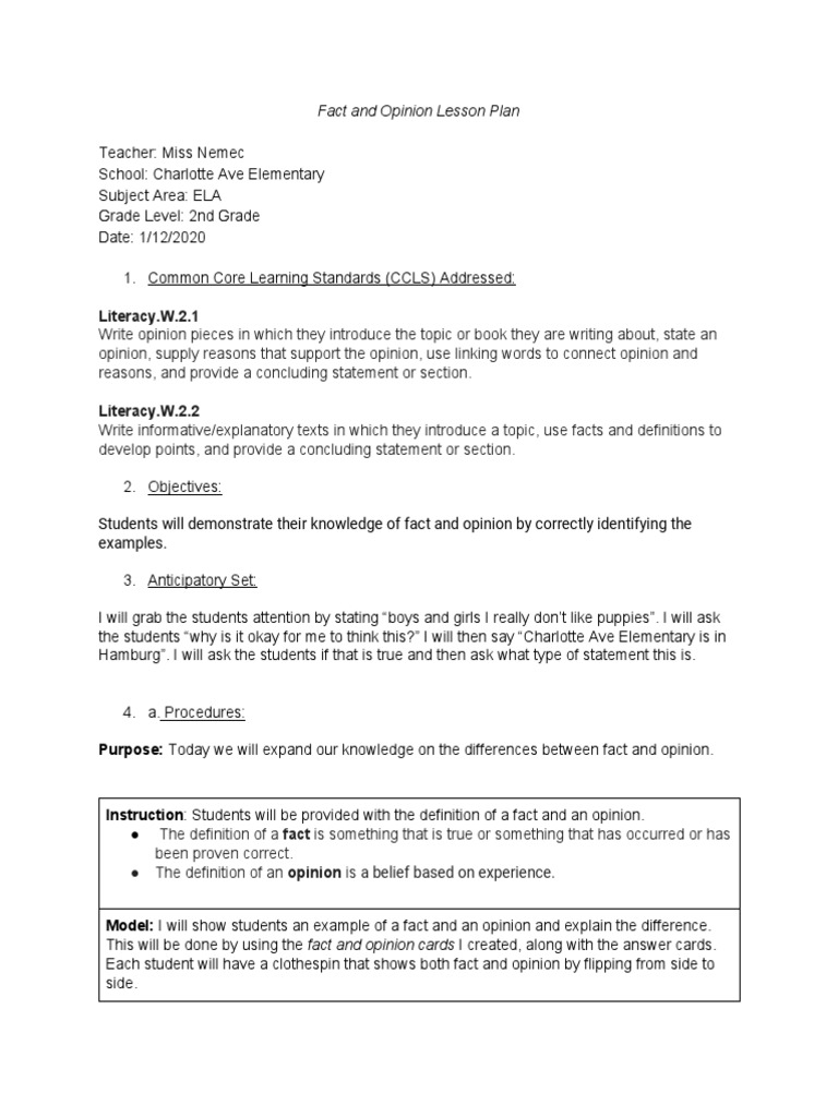 Fact and Opinion Lesson | PDF | Differentiated Instruction ...