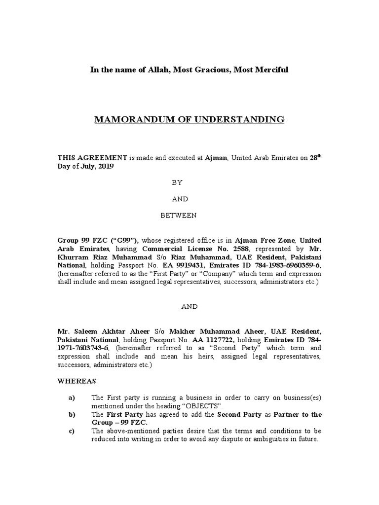 Group 99 Memorandum of Understanding | PDF | Partnership | Financial ...