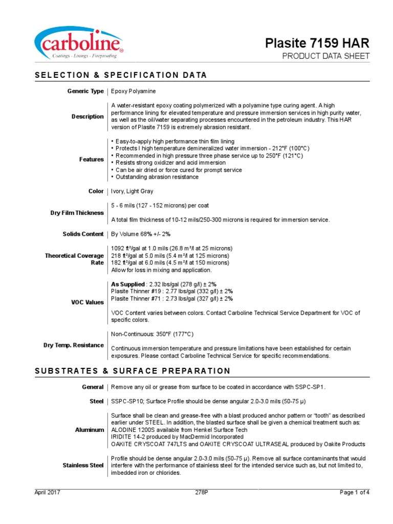 Plasite 7159 HAR abrasion resistant epoxy | PDF | Stainless Steel ...