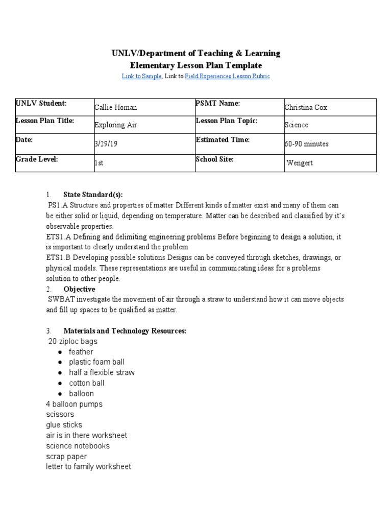 Homan Callie p2 Science Lesson Plan | PDF | Cognition | Learning
