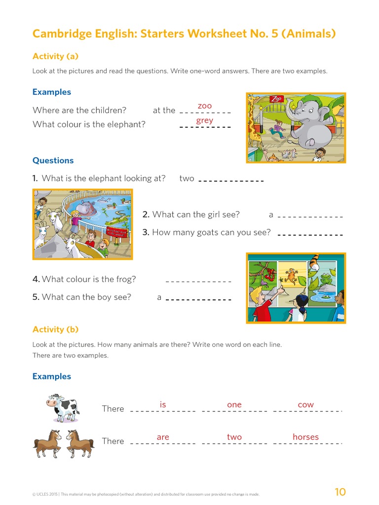 Cambridge English: Starters Worksheet No. 5 (Animals) : Examples | PDF