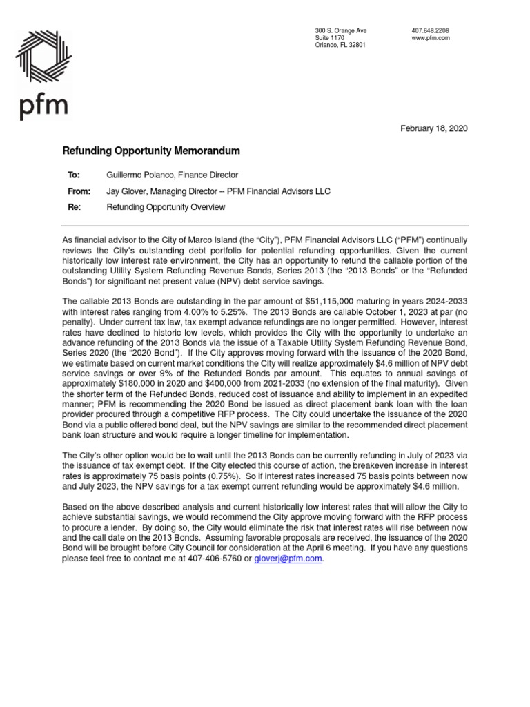 Refunding Opportunity Memorandum From PFM Financial Advisors To City of ...