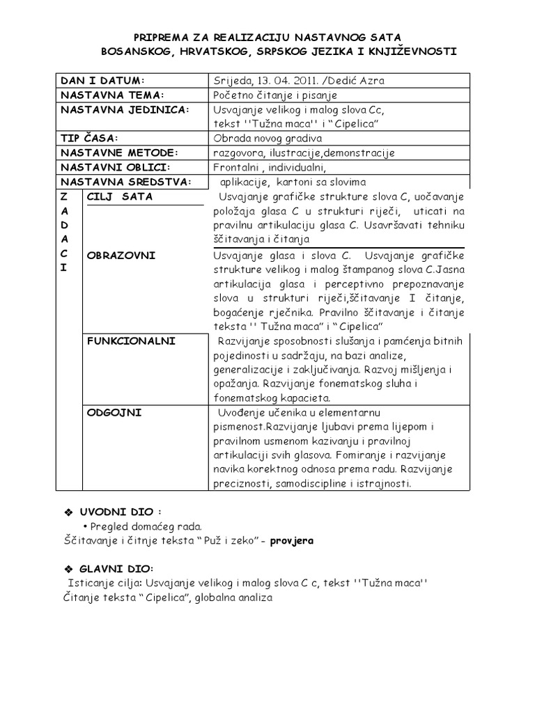 Bosanski - Glas I Slovo C C - Obrada 13. 04. | PDF