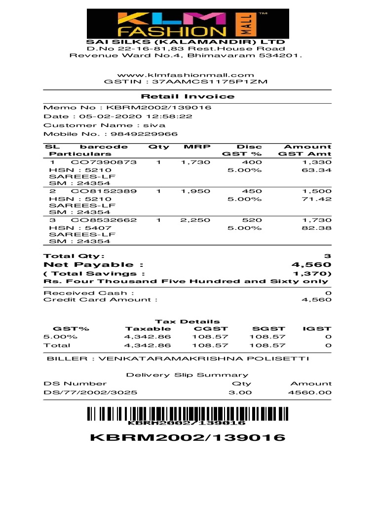 Retail Invoice for Three Sarees Purchased by Customer Siva from SAI ...